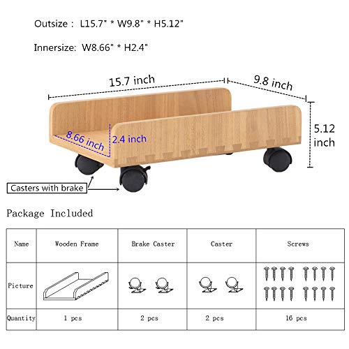 KIRIGEN Case Stand Cart for Computer Host Wooden - Heavy Duty Desktop Computer Tower Mobile Cart Holder with 4 Mute Caster Wheels - Wood Rolling ATX PC Case Rack - CPU Case Protecting Shelf (ZJJ-NA)