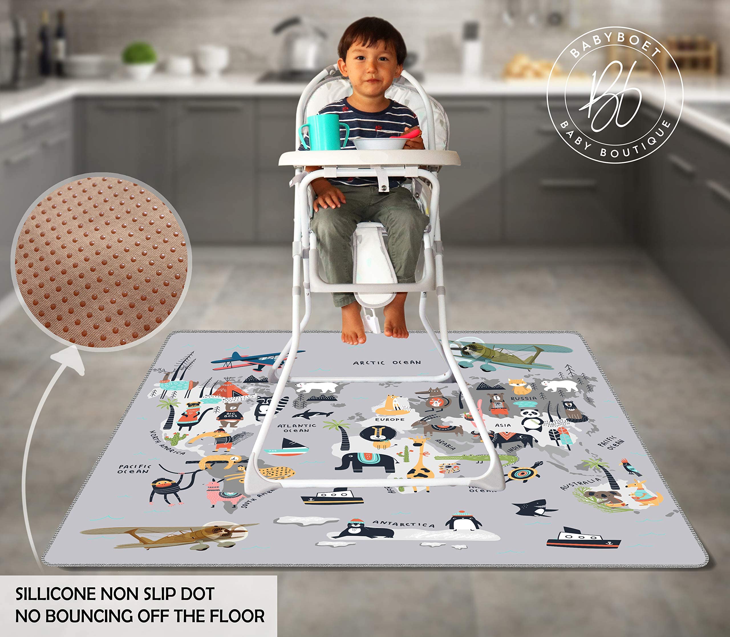 BABYBOET Splat Mat for Baby – Under High Chair Floor Mat Protects Wood, Vinyl and Carpet from Spills – Waterproof 4 Layer Baby Mat with Anti-Skid Backing Deters Bunching and Sliding (51” x 51”)