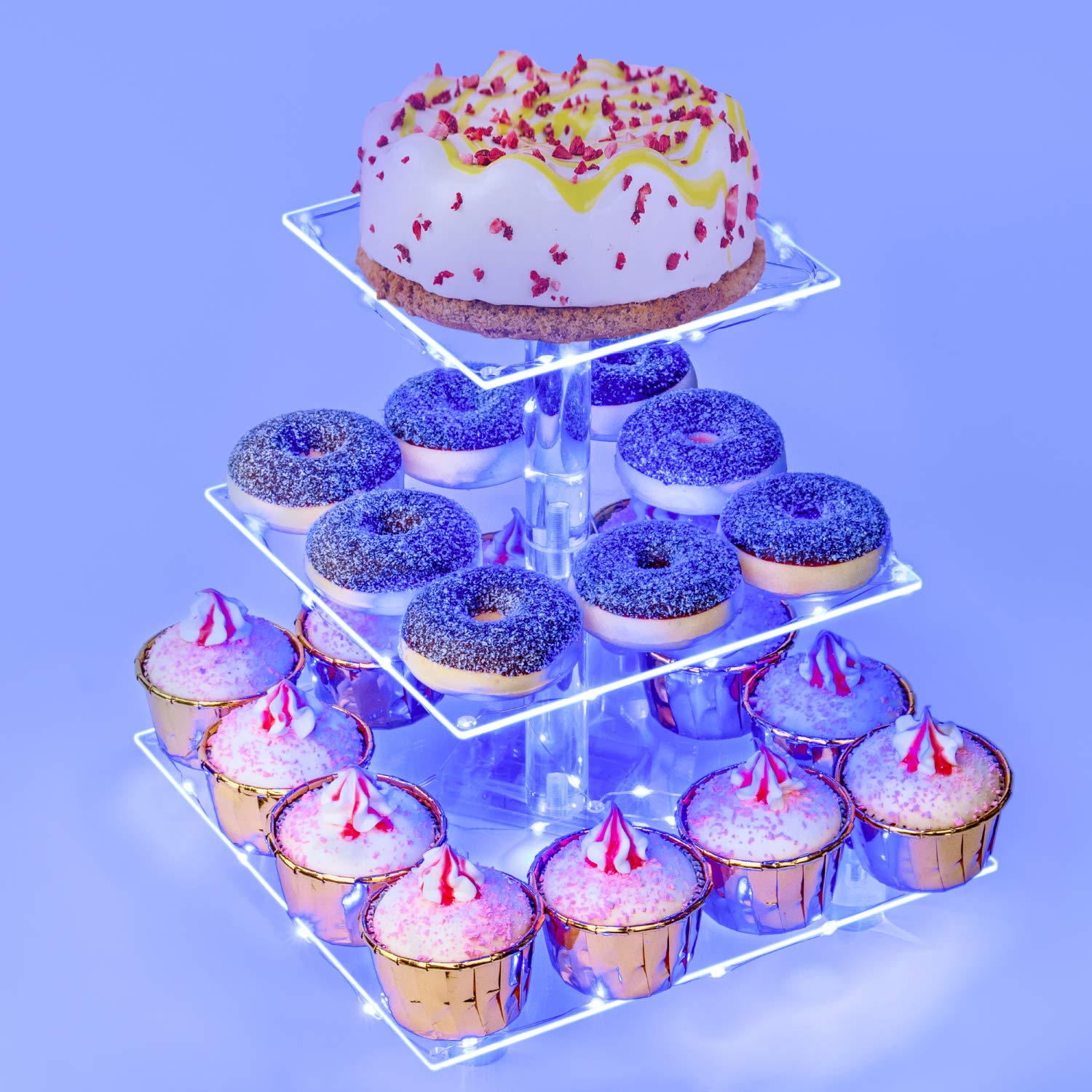 Pastry Stand 3 Tier Acrylic Cupcake Display Stand Light up Cake Stand Cupcake Holder Pastry Serving Platter Candy Bar Party Décor Wedding Birthday Holidays，Christmas（Blue Light）…