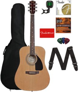 fender fa-115 dreadnought acoustic guitar bundle with gig bag, tuner, strings, strap, picks, and austin bazaar instructional dvd