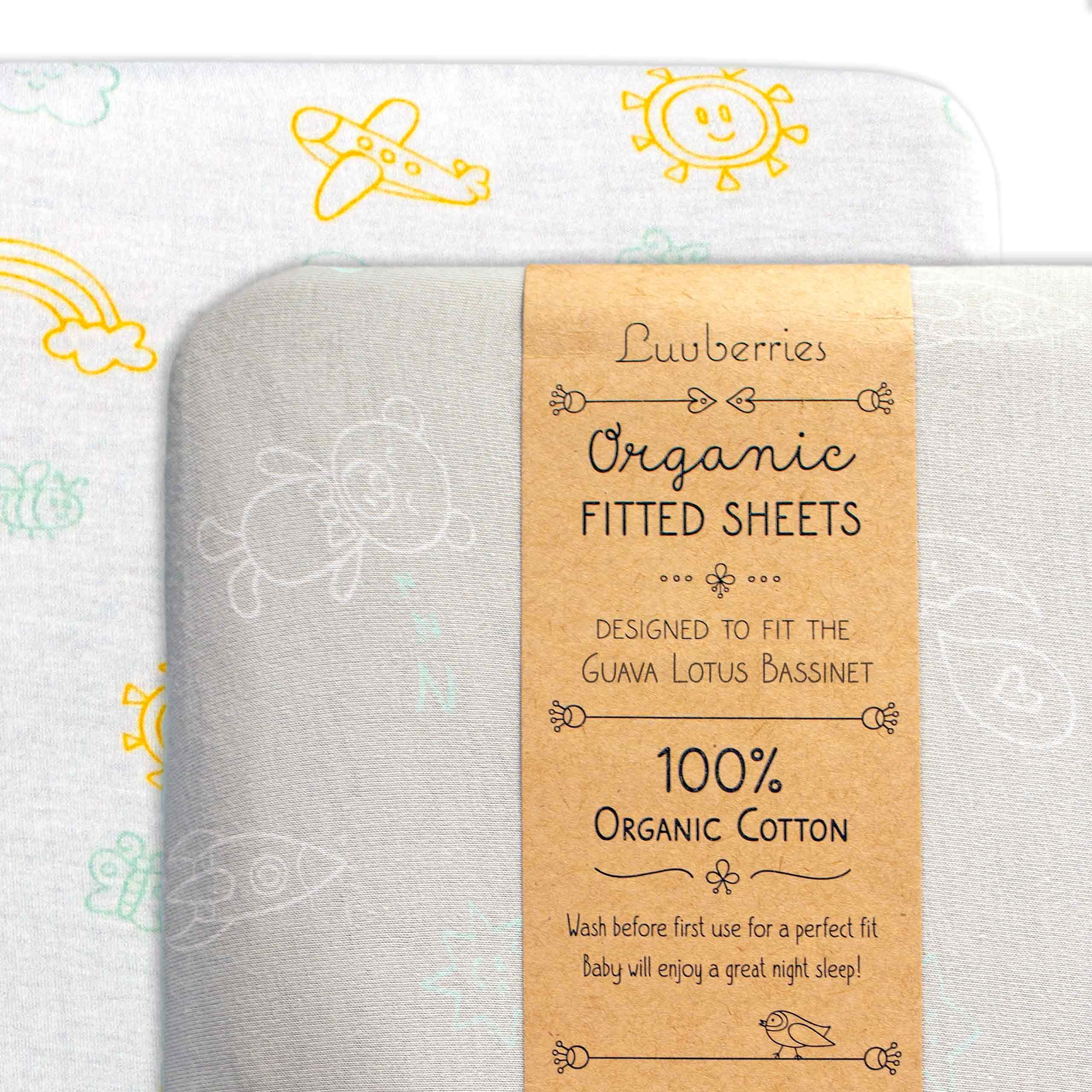 Luvberries 100% Organic Cotton Bassinet Sheets (Set of 2) for The Guava Lotus Travel Bassinet - Baby and Newborn, Fitted Bassinet Sheets, for Boys & Girls (Green and Yellow)