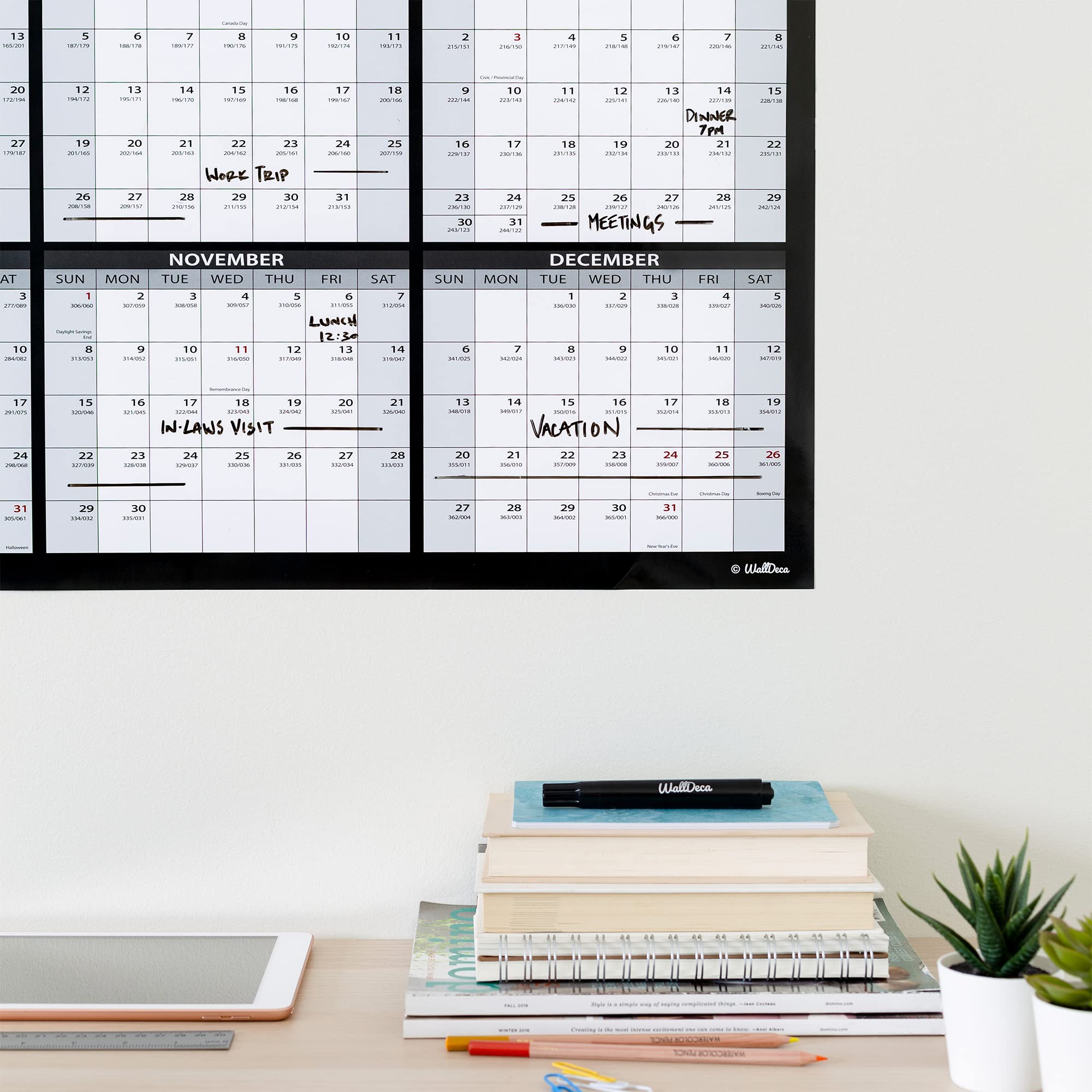 WallDeca Large Dry Erase Calendar for Wall - 2024 Wall Calendar Dry Erase Monthly Yearly Planner - Laminated White Board Calendar Sheet - Horizontal/Vertical Layout - 24" x 36" Dry Erase Wall Calendar