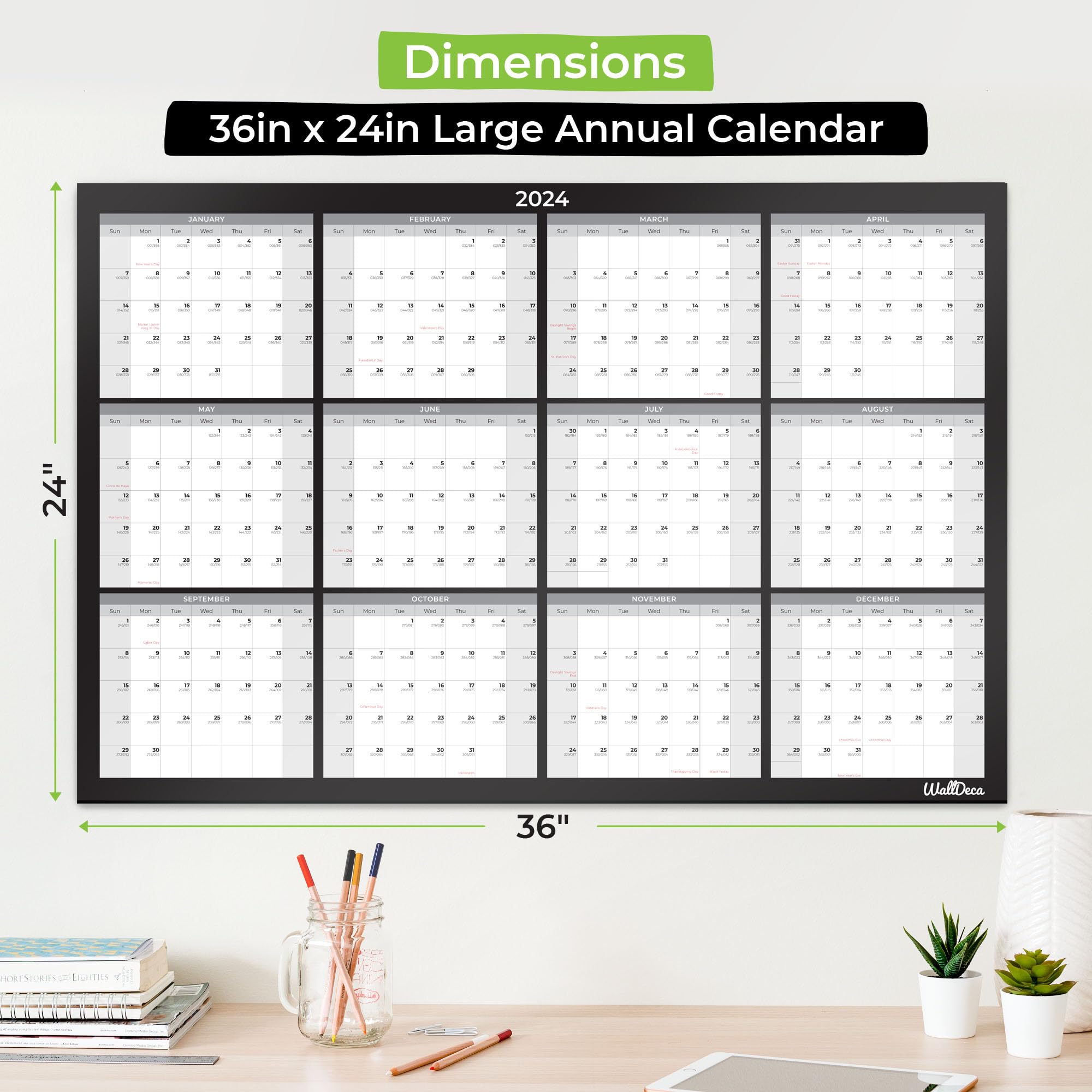 WallDeca Large Dry Erase Calendar for Wall - 2024 Wall Calendar Dry Erase Monthly Yearly Planner - Laminated White Board Calendar Sheet - Horizontal/Vertical Layout - 24" x 36" Dry Erase Wall Calendar