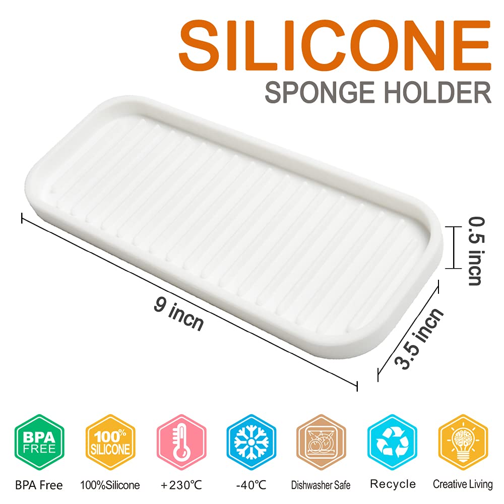 Silicone Sponge Holder Kitchen Sink Organizer Tray Dish Caddy Soap Dispenser, Scrubber Spoon Holder,Dishwashing Accessories 2 Pack (White)