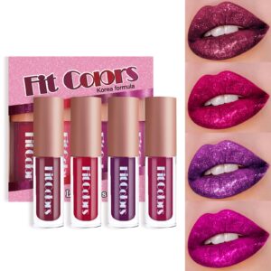 4 colors glitter lipsticks diamond shimmer metallic lip stick set kit long lasting, purple red matte to glitter sparkle sparkly glossy liquid lipstick lip gloss set for women lips make up