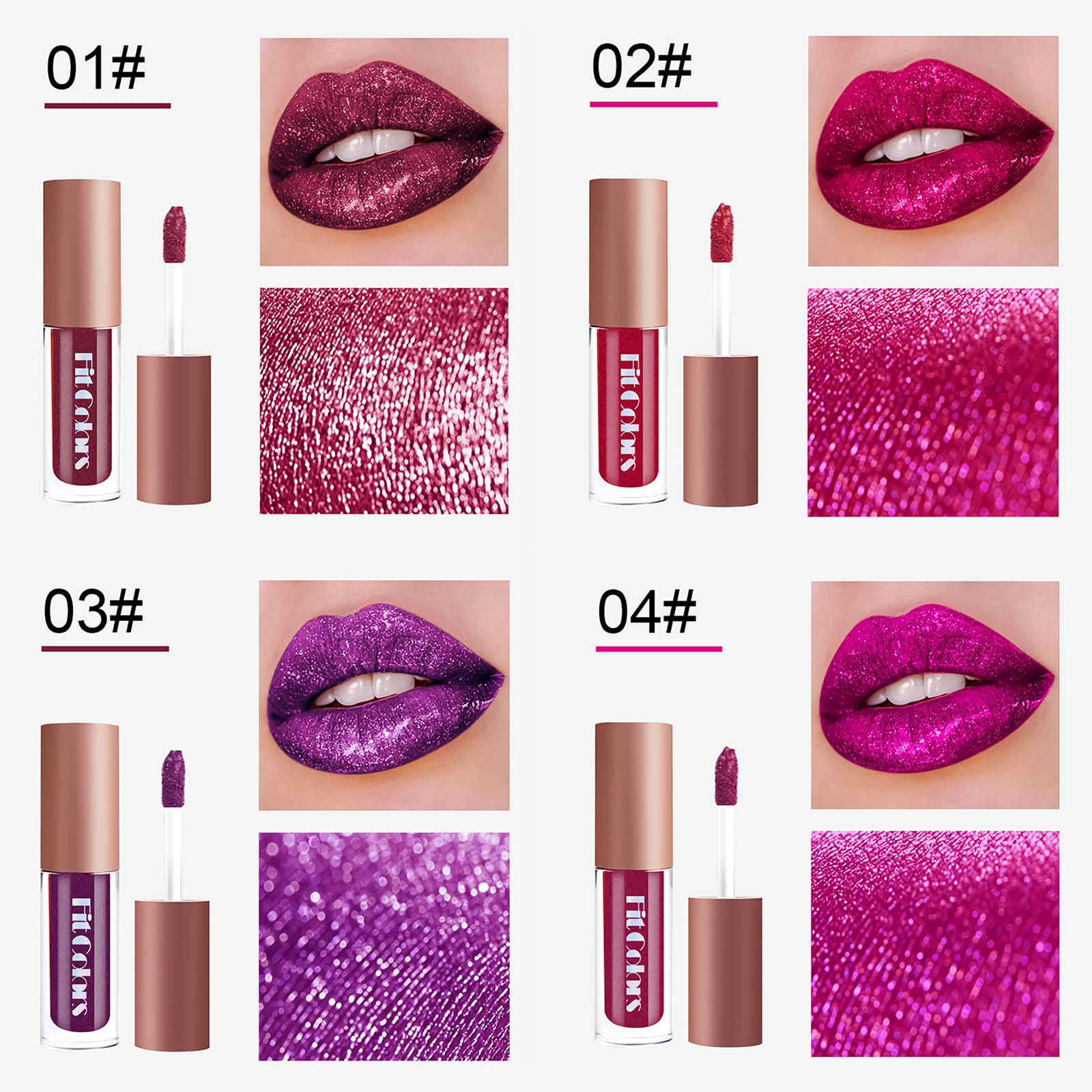 4 Colors Glitter Lipsticks Diamond Shimmer Metallic Lip Stick Set Kit Long Lasting, Purple Red Matte to Glitter Sparkle Sparkly Glossy Liquid Lipstick Lip Gloss Set for Women Lips Make up