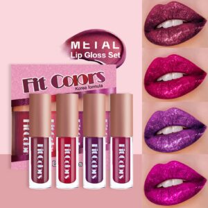 4 Colors Glitter Lipsticks Diamond Shimmer Metallic Lip Stick Set Kit Long Lasting, Purple Red Matte to Glitter Sparkle Sparkly Glossy Liquid Lipstick Lip Gloss Set for Women Lips Make up