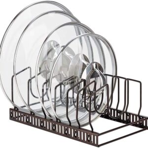 Toplife Pot Lids Organizer Rack for Cabinet and Countertop, 7+ Pan Lids and Bakeware Organizer Rack Holder with 7 Adjustable Compartments - Brown