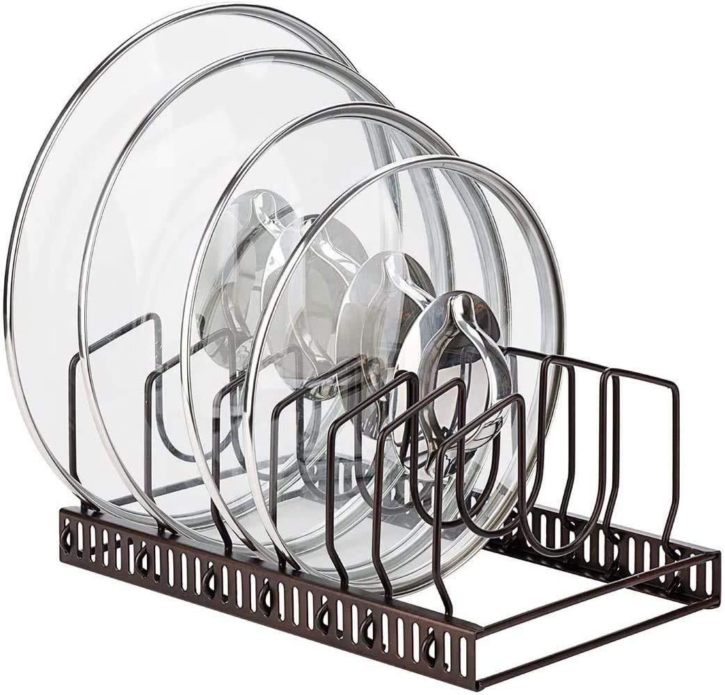 Toplife Pot Lids Organizer Rack for Cabinet and Countertop, 7+ Pan Lids and Bakeware Organizer Rack Holder with 7 Adjustable Compartments - Brown