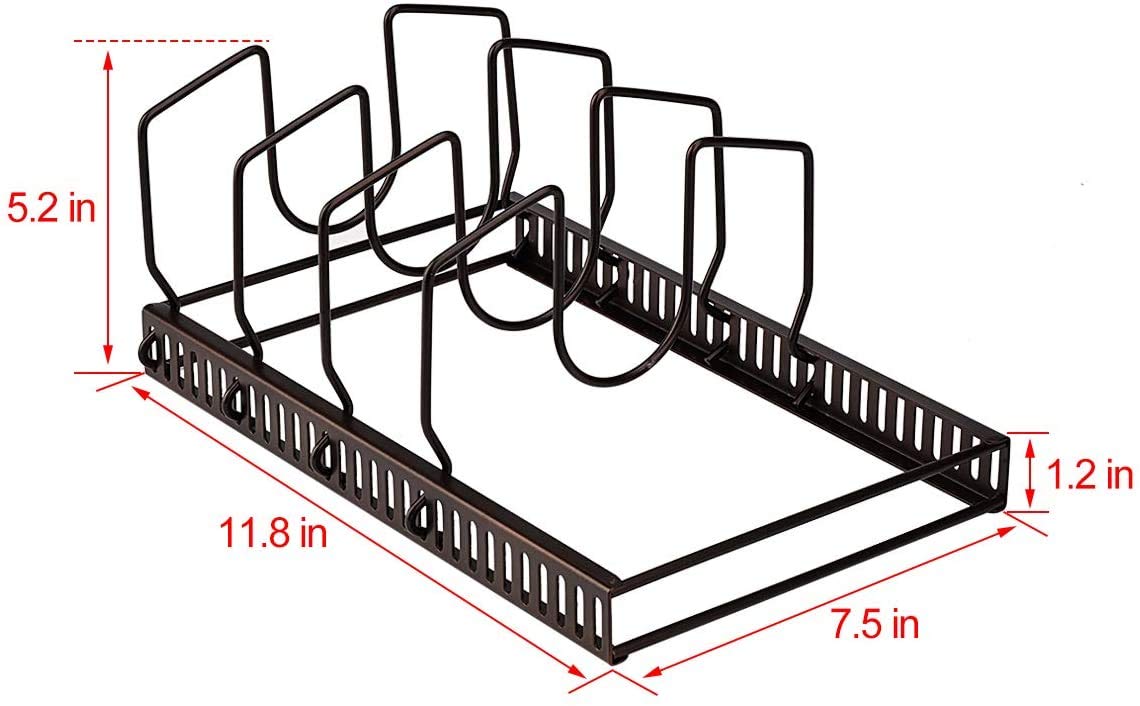 Toplife Pot Lids Organizer Rack for Cabinet and Countertop, 7+ Pan Lids and Bakeware Organizer Rack Holder with 7 Adjustable Compartments - Brown