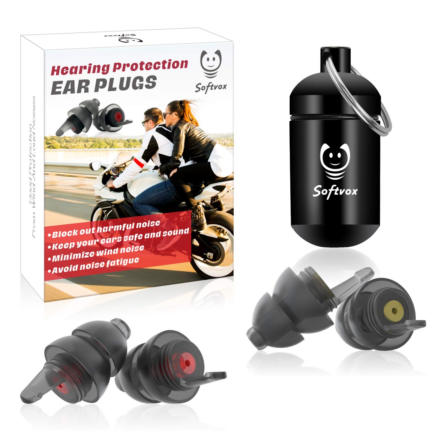 Softvox Motorcycle Ear Plugs 2 Pairs, Wind Noise Reduction & Premium Hearing Protection, 100X Reusable Earplugs for Motor, Motorbike, Motorsports, Parachuting, Touring, Racing, Riding, Shooting Black