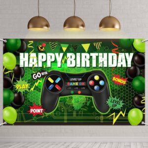 video game happy birthday backdrop game on birthday party backdrop banner level up gaming theme party background photo props for video game party wall decorations supplies (green)