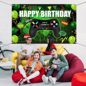 Video Game Happy Birthday Backdrop Game on Birthday Party Backdrop Banner Level up Gaming Theme Party Background Photo Props for Video Game Party Wall Decorations Supplies (Green)