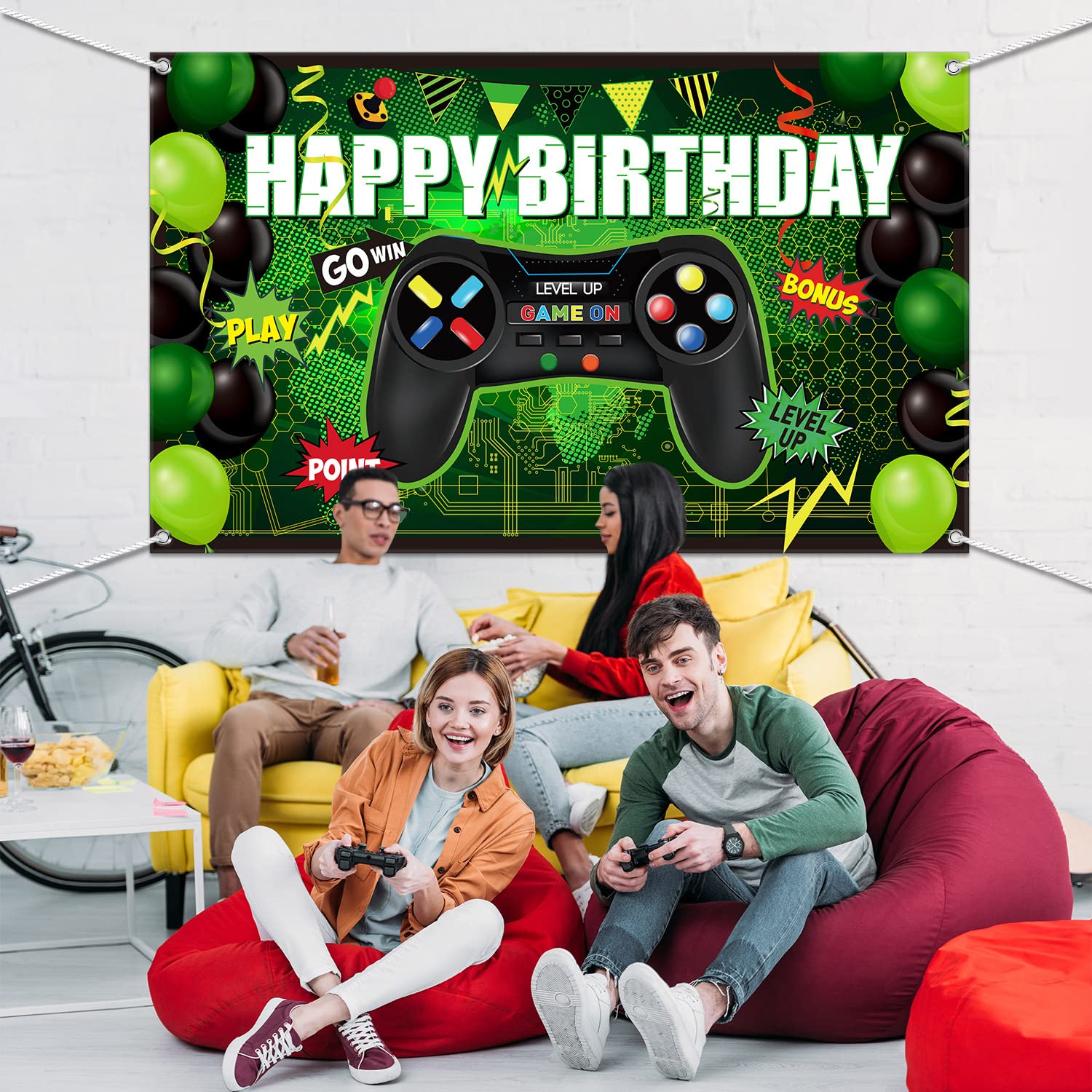 Video Game Happy Birthday Backdrop Game on Birthday Party Backdrop Banner Level up Gaming Theme Party Background Photo Props for Video Game Party Wall Decorations Supplies (Green)