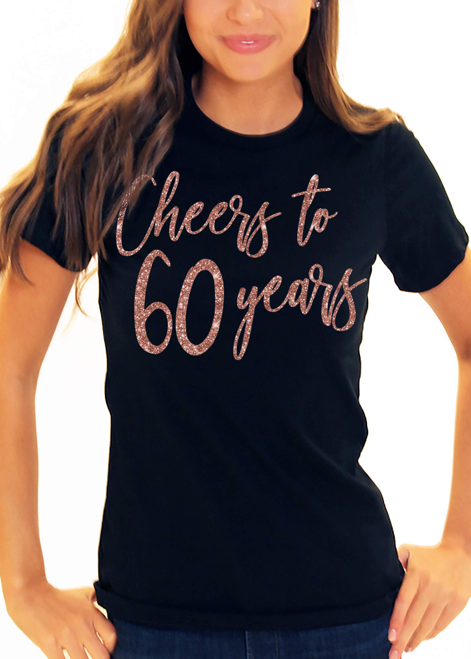 60th Birthday Tee Shirts for Women - Rose Gold Cheers to 60 Years T-Shirt - 60th Birthday Tops - Large - Black Tee(Cheers60 RG) Blk/Lrg