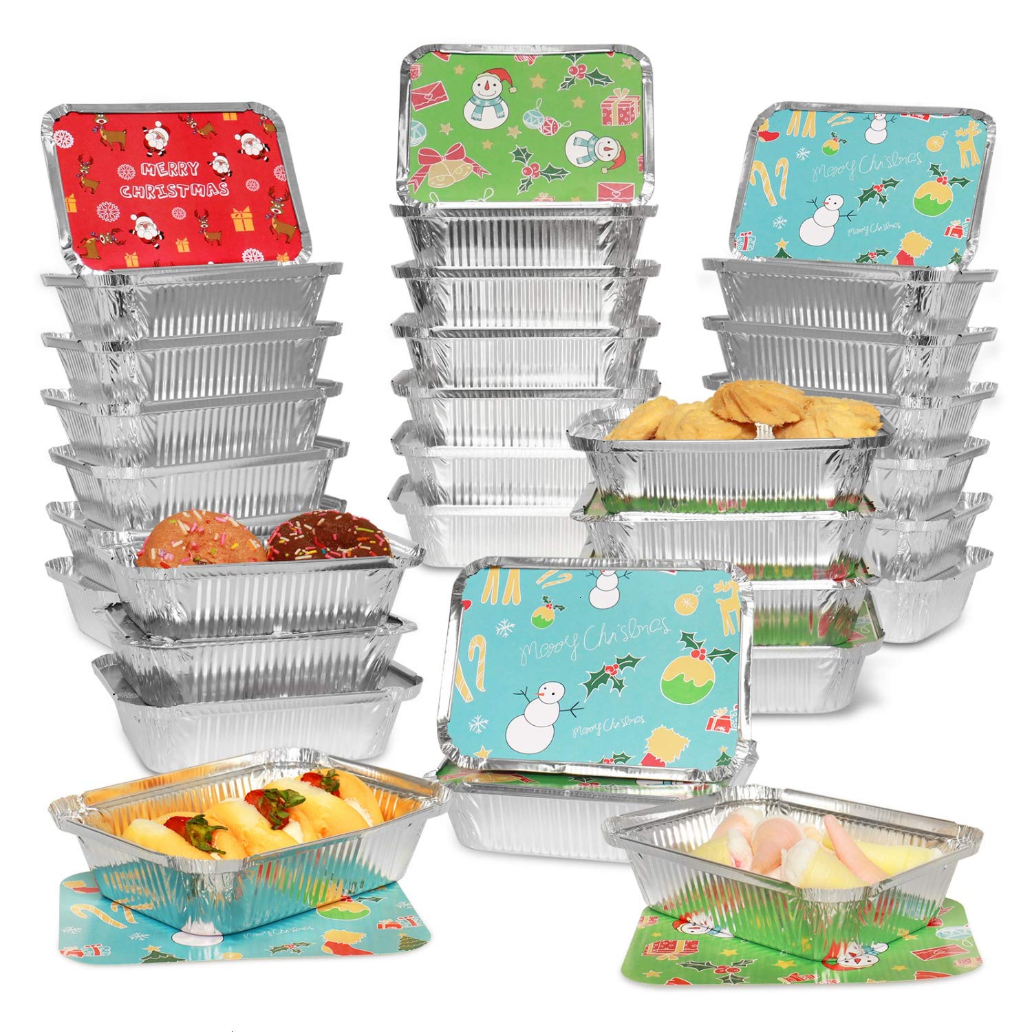 Rocinha 36 PCS Christmas Aluminum Foil Pans with Lids-3 Holiday Print Designs, Aluminum Food Containers Disposable, Christmas Tins for Food, Candy, Cookie Exchange & Party Leftovers, 7.3"x 5.2" x 2"