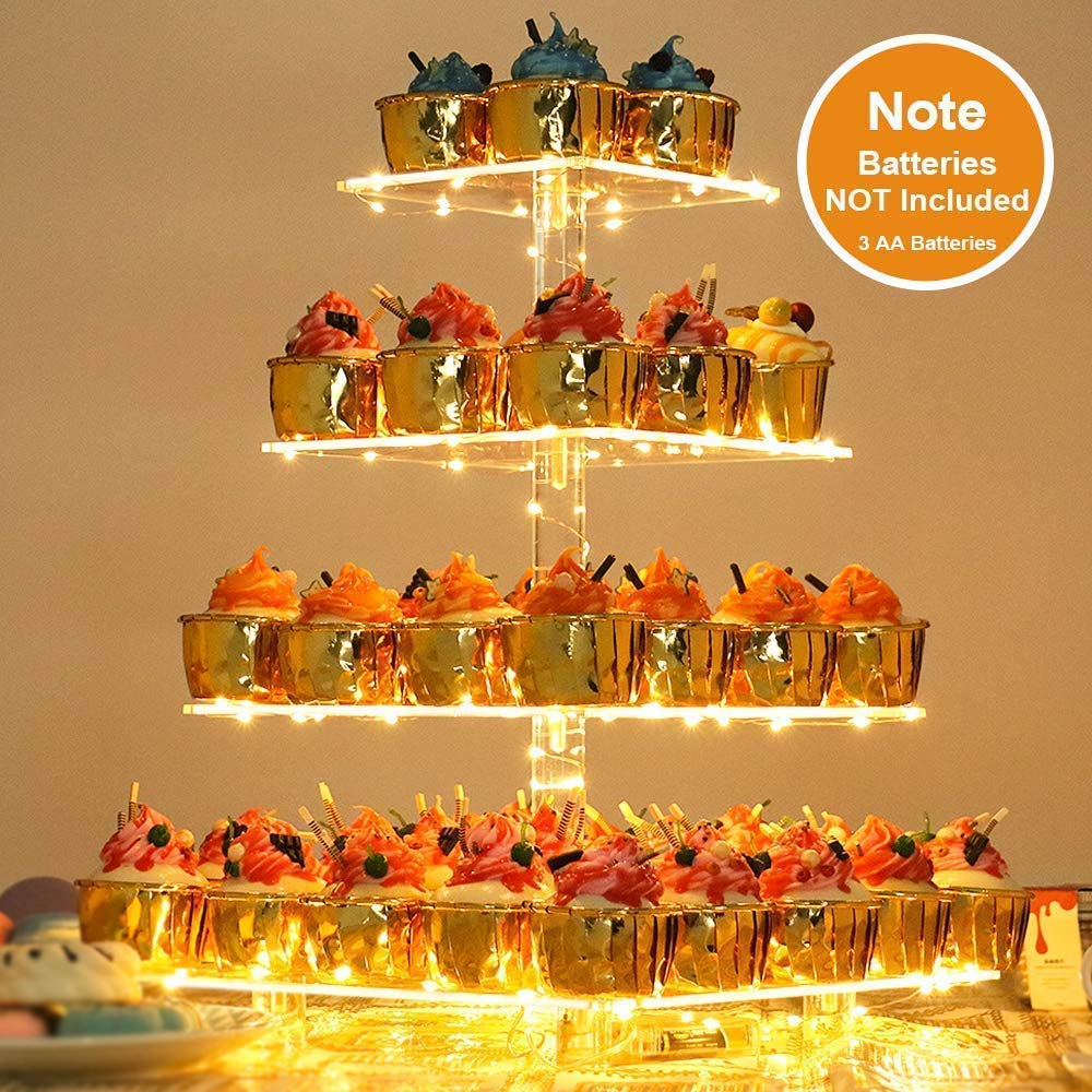 Cupcake Stand - Premium Cupcake Holder - Acrylic Cupcake Tower Display - Cady Bar Party Décor - 4 Tier Acrylic Display for Pastry + LED Light String - Ideal for Weddings, Birthday (Yellow Light)