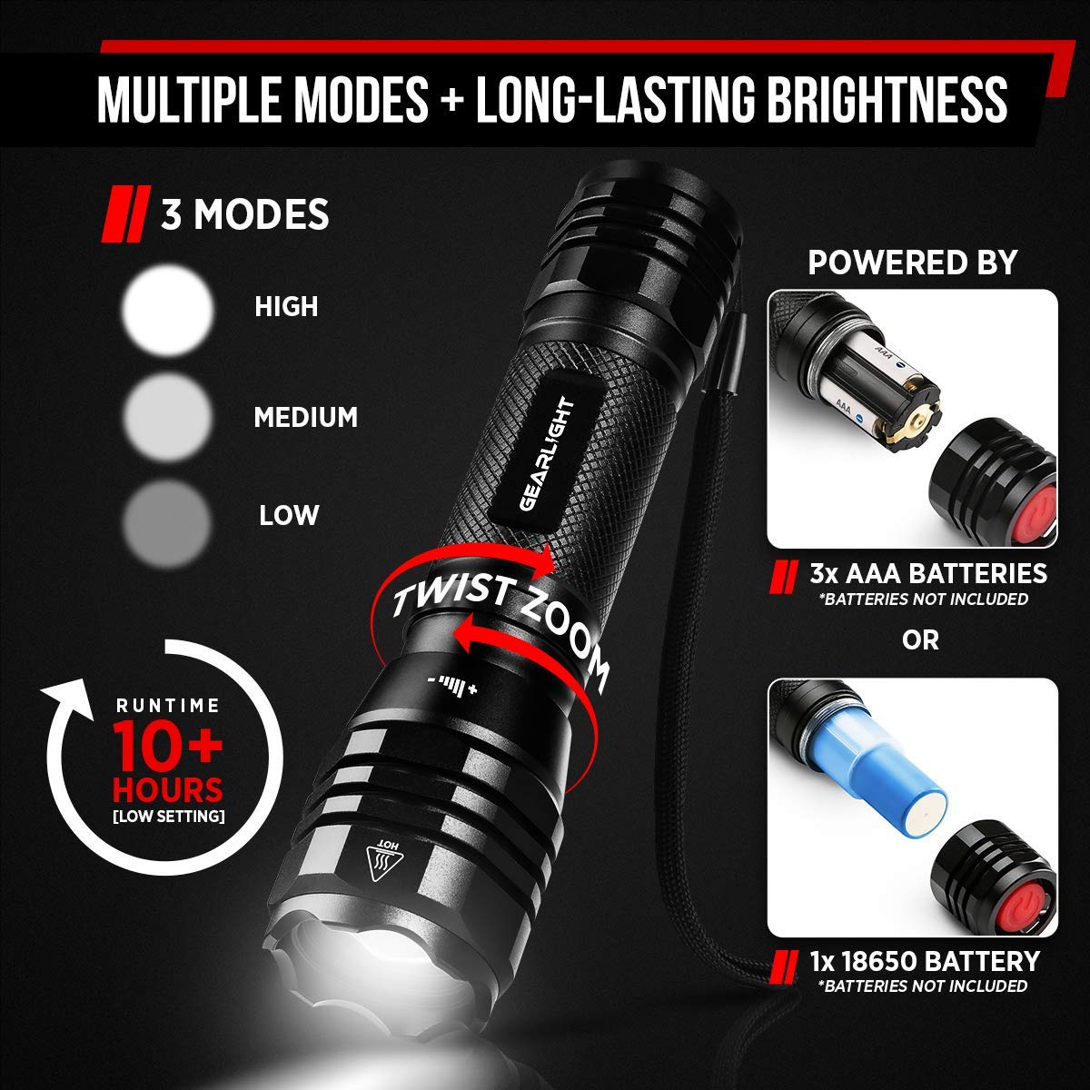 GearLight S1050 LED Flashlight High Lumens - Flashlights for Camping, Hiking, Dog Walking - Powerful Emergency Flashlights with 3 Modes for Outdoor Use - Bright Flashlight with Zoomable Beam