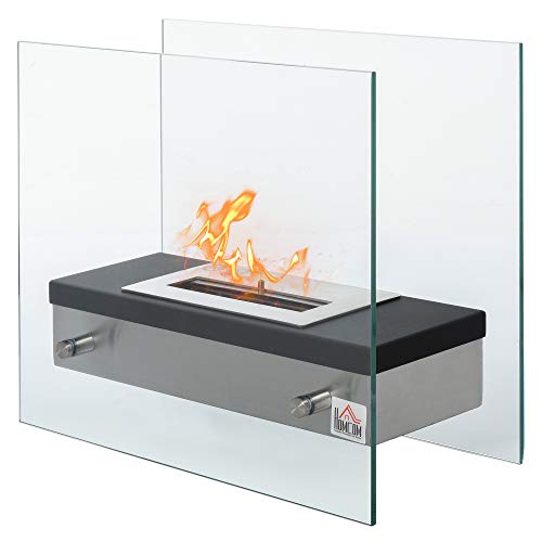 HOMCOM Ethanol Fireplace, 18.5" Tabletop 0.39 Gal Stainless Steel 269 Sq. Ft., Burns up to 3 Hours, Black