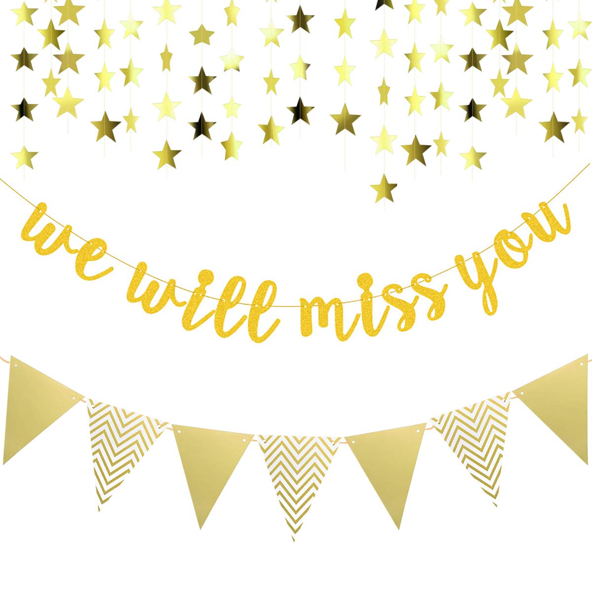 Gold Glitter Graduation Banner We Will Miss You and Triangle Flag Banner Star Swirl Banner for Farewell Party Decorations Supplies Retirement Going Away Office Work Job Change Party Decorations (Gold)