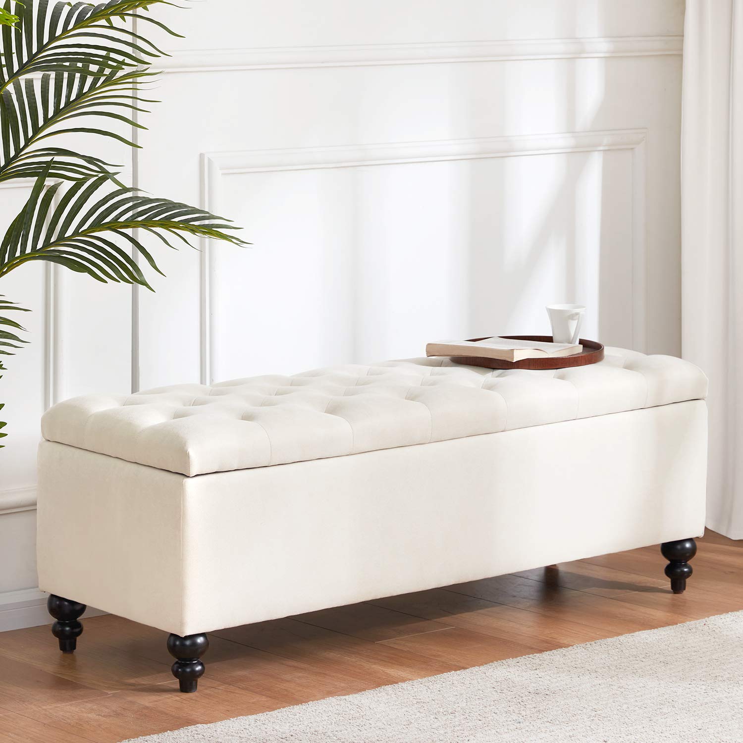 HUIMO Button-Tufted Ottoman with Storage in Upholstered Fabrics, Large Storage Bench for Bedroom, Living Room, Entryway, Storage Ottoman Bench with Safety Hinge Hold Up to 300lbs (Ivory)