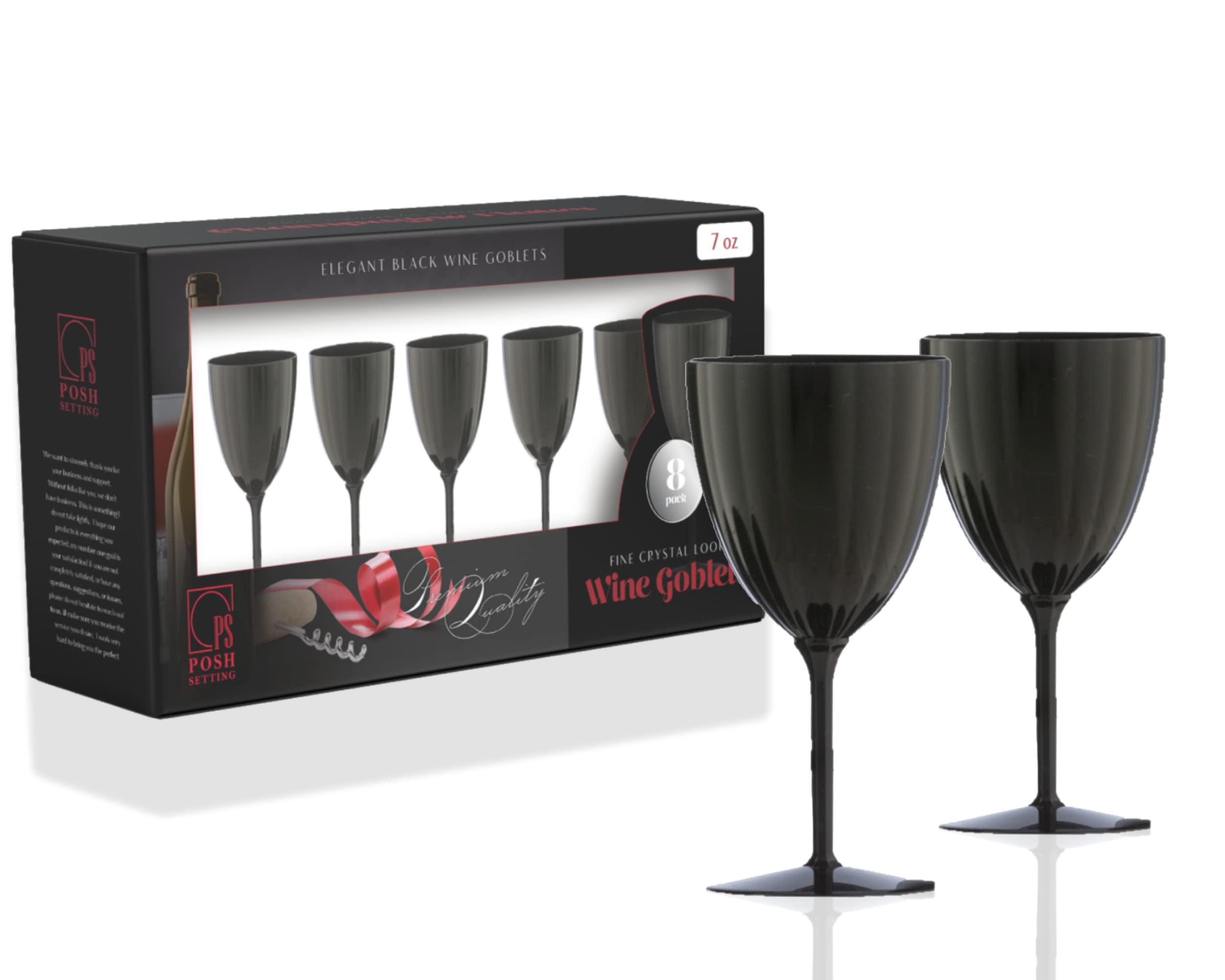 Posh Setting 7oz, Black Plastic Wine Glasses Hard Plastic Disposable Stemware, Drinking Cups with stem for Toasting, Weddings parties Plastic Wine cups for Home [8 Pack]