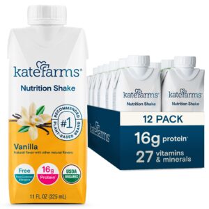 kate farms organic plant based nutrition shake, vanilla, 16g protein, 27 vitamins and minerals, meal replacement, protein shake, gluten free, non-gmo, 11 oz (12 pack)