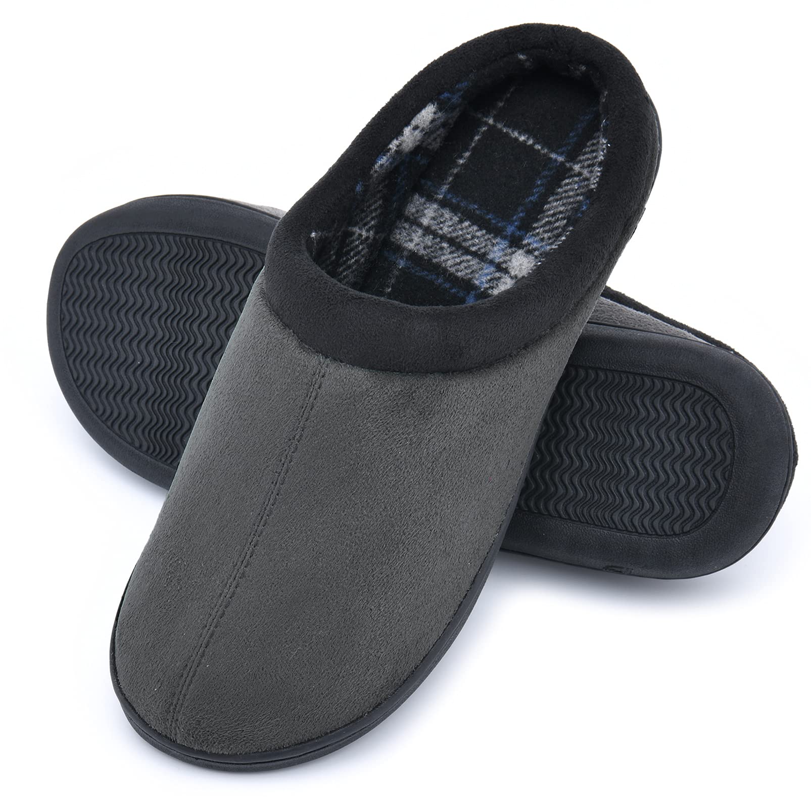 LORDFON Memory Foam Mens Slippers Slip-On Comfy House Slippers for Men Indoor Outdoor Non-Slip Warm Winter Men’s Bedroom Slippers Size 9-10 Grey