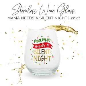 Your Dream Party Shop Mama Needs A Silent Night 22oz Christmas Stemless Wine Glass, Wine Holiday Gifts, Perfect Christmas Drinking Glasses, Funny Christmas Wine Glasses