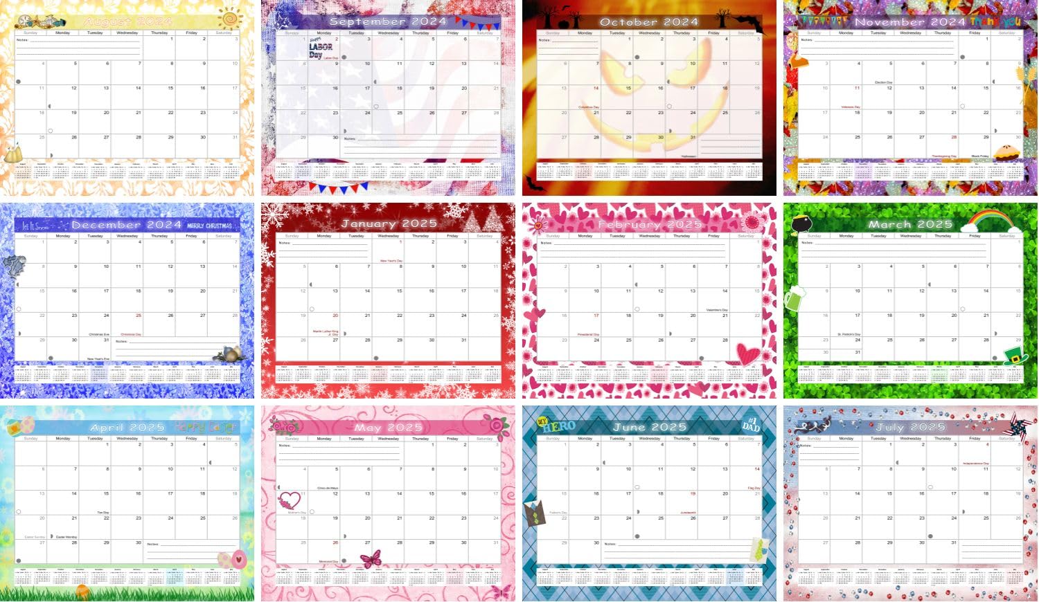 2024-2025 Academic Year 12 Months Student Calendar/Planner for 3-Ring Binder, Desk or Wall -v003