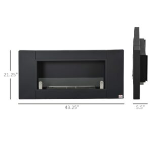 HOMCOM Ethanol Fireplace, 43.25" Wall-Mounted 0.73 Gal Stainless Steel Max 323 Sq. Ft., Burns up to 4 Hours, Black