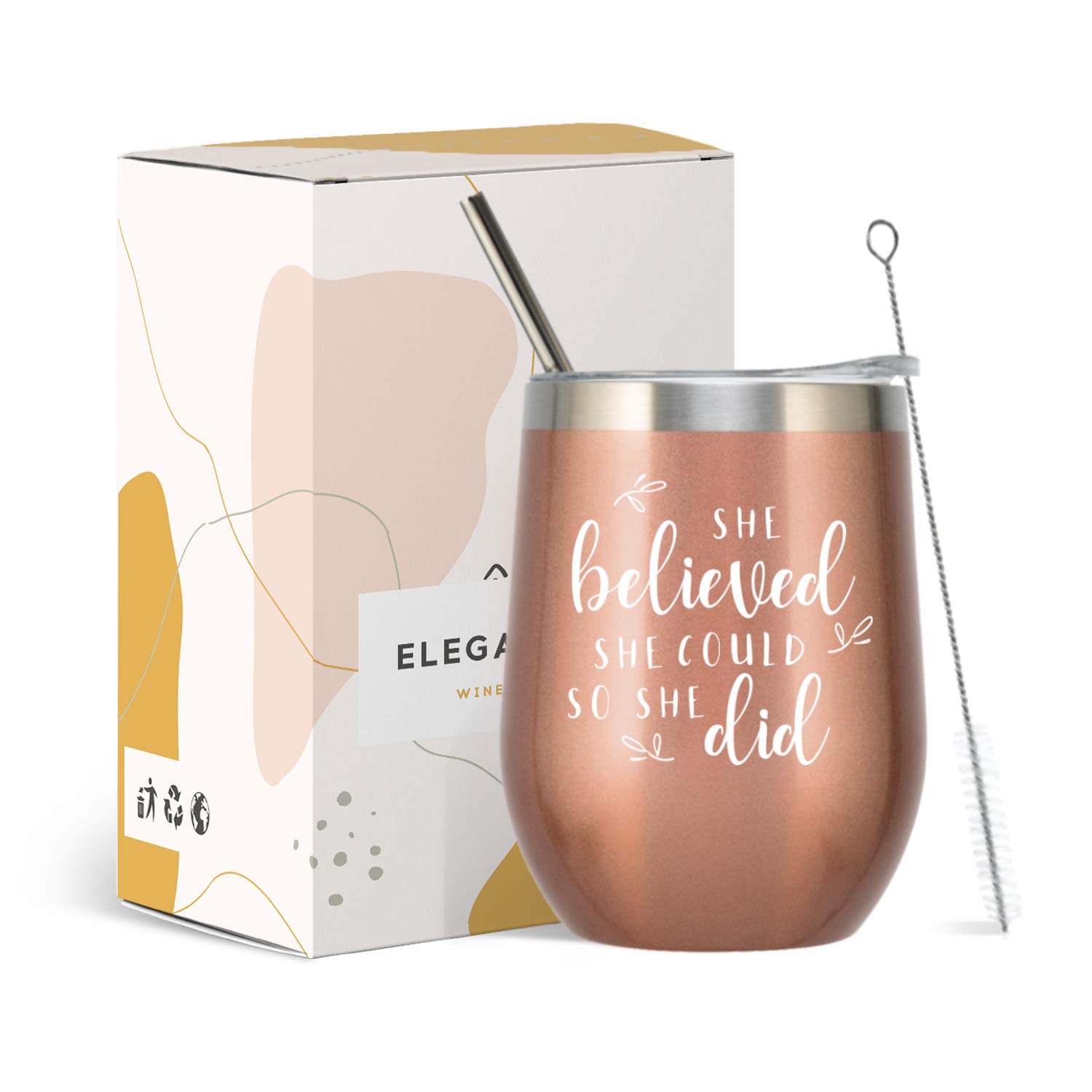 ElegantPark Congratulations Gifts for women She Believed She Could So She Did Wine Tumbler Inspirational Gifts for Graduation New Job Going Away Congrats Rose Gold Insulated Wine Tumbler with Lid 12oz