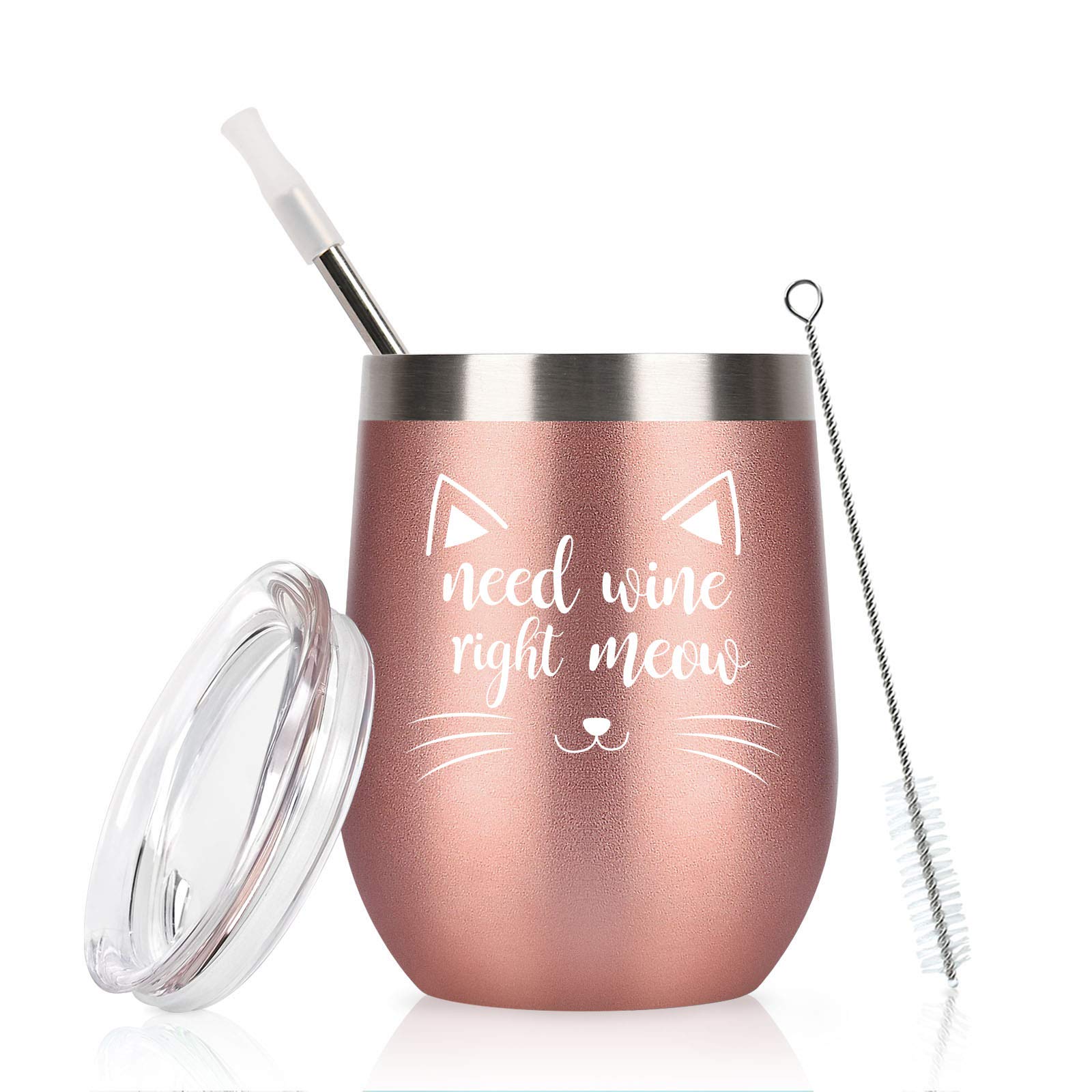 Cpskup Need Wine Right Meow Wine Tumbler, Cute Funny Cat Gift for Cat Lover Mom Wife Women, Stemless Stainless Steel Insulated Wine Tumbler with Lid and Straw for Christmas Birthday(12 oz, Rose Gold)