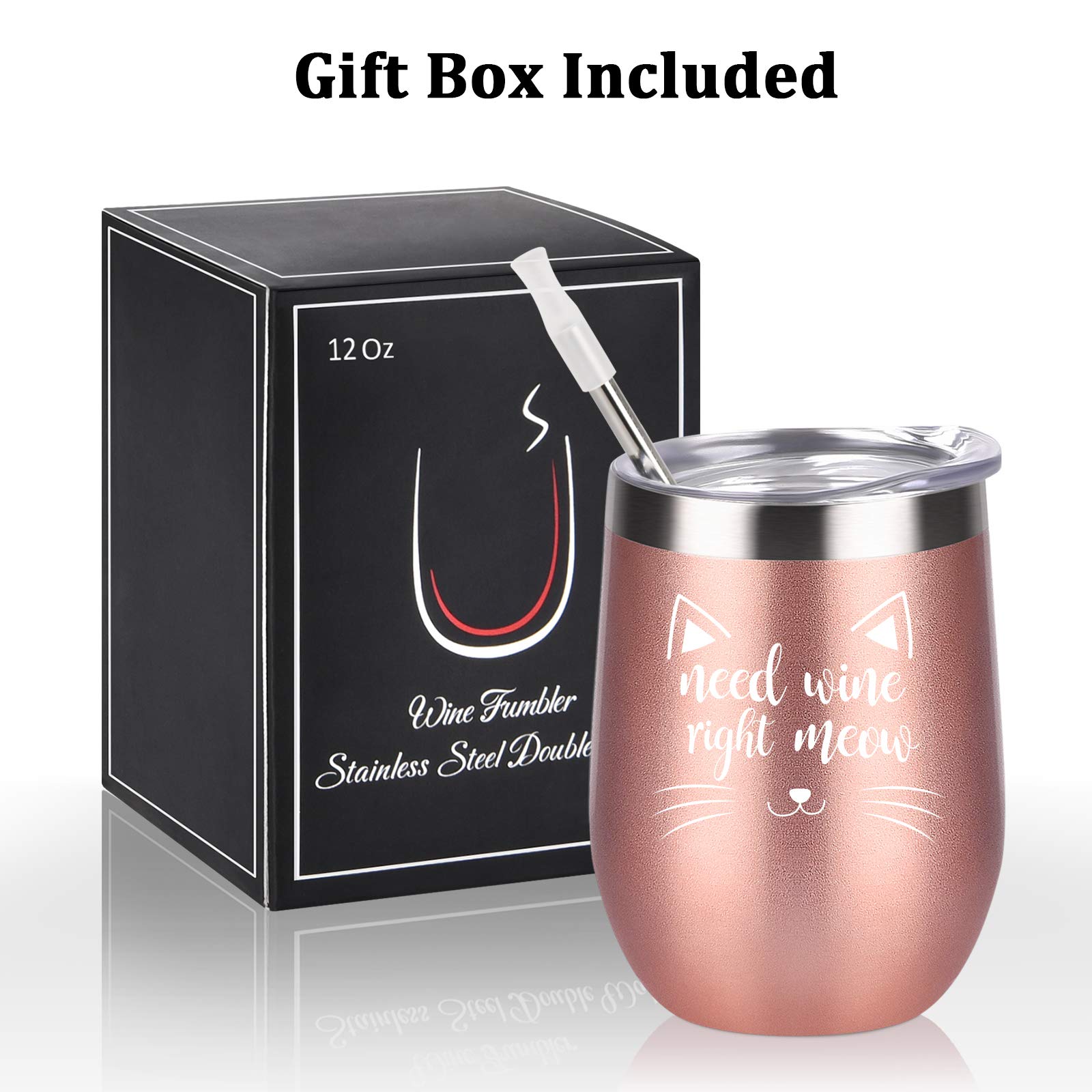 Cpskup Need Wine Right Meow Wine Tumbler, Cute Funny Cat Gift for Cat Lover Mom Wife Women, Stemless Stainless Steel Insulated Wine Tumbler with Lid and Straw for Christmas Birthday(12 oz, Rose Gold)