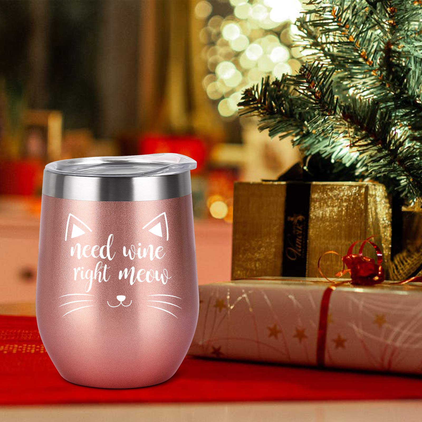 Cpskup Need Wine Right Meow Wine Tumbler, Cute Funny Cat Gift for Cat Lover Mom Wife Women, Stemless Stainless Steel Insulated Wine Tumbler with Lid and Straw for Christmas Birthday(12 oz, Rose Gold)