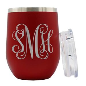 Custom Personalized Vine Monogram Powder Coated 12 oz Insulated Wine Tumbler - Monogrammed for Wife, Her, Women, Mom (Maroon)