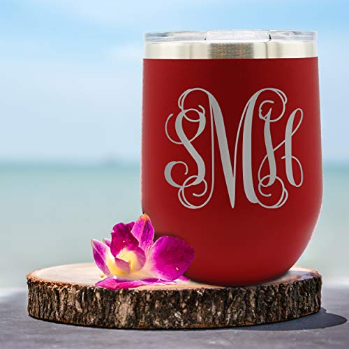 Custom Personalized Vine Monogram Powder Coated 12 oz Insulated Wine Tumbler - Monogrammed for Wife, Her, Women, Mom (Maroon)