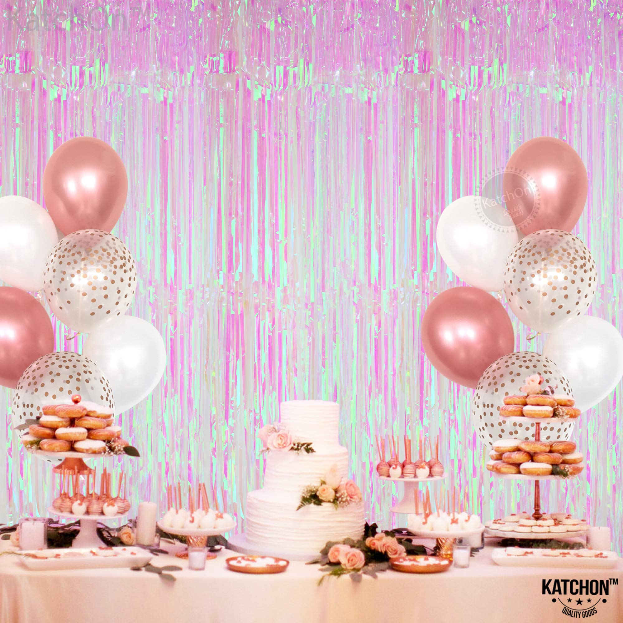 KatchOn, XtraLarge Foil Iridescent Backdrop Curtain - 3.2x8 Feet, Pack of 2 | Pink Tinsel Curtain Backdrop for Iridescent Party Decorations | Iridescent Streamer Backdrop for Pink Party Decorations