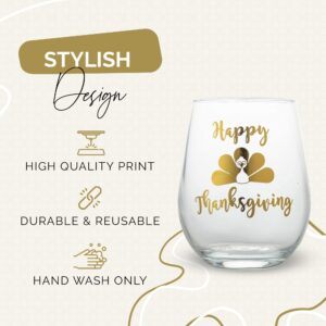 Happy Thanksgiving Stemless Wine Glass, 22oz Friendsgiving Wine Glasses, Thanksgiving Wine Glass - Perfect Friendsgiving Gift, Turkey Wine Glass, Fall Wine Glass (Happy Thanksgiving)