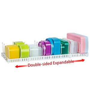 Double-side Expandable Food Container Lid Organizer,Super Large Capacity Adjustable 12 Dividers Detachable Lid Organizer Rack for Countertop,Cabinets, Cupboards, Pantry Shelves, Drawers(White)