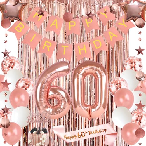 60th Birthday Decorations for Women, Happy Birthday Banner Cake Topper Rose Gold Curtain Happy 60th Birthday Sash 60 Balloon Number for 60th Anniversary Decorations Birthday Party Backdrop