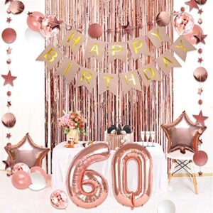 60th Birthday Decorations for Women, Happy Birthday Banner Cake Topper Rose Gold Curtain Happy 60th Birthday Sash 60 Balloon Number for 60th Anniversary Decorations Birthday Party Backdrop