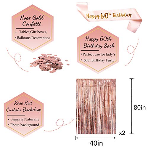 60th Birthday Decorations for Women, Happy Birthday Banner Cake Topper Rose Gold Curtain Happy 60th Birthday Sash 60 Balloon Number for 60th Anniversary Decorations Birthday Party Backdrop