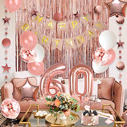 60th Birthday Decorations for Women, Happy Birthday Banner Cake Topper Rose Gold Curtain Happy 60th Birthday Sash 60 Balloon Number for 60th Anniversary Decorations Birthday Party Backdrop