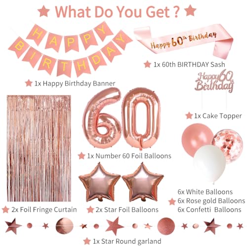 60th Birthday Decorations for Women, Happy Birthday Banner Cake Topper Rose Gold Curtain Happy 60th Birthday Sash 60 Balloon Number for 60th Anniversary Decorations Birthday Party Backdrop