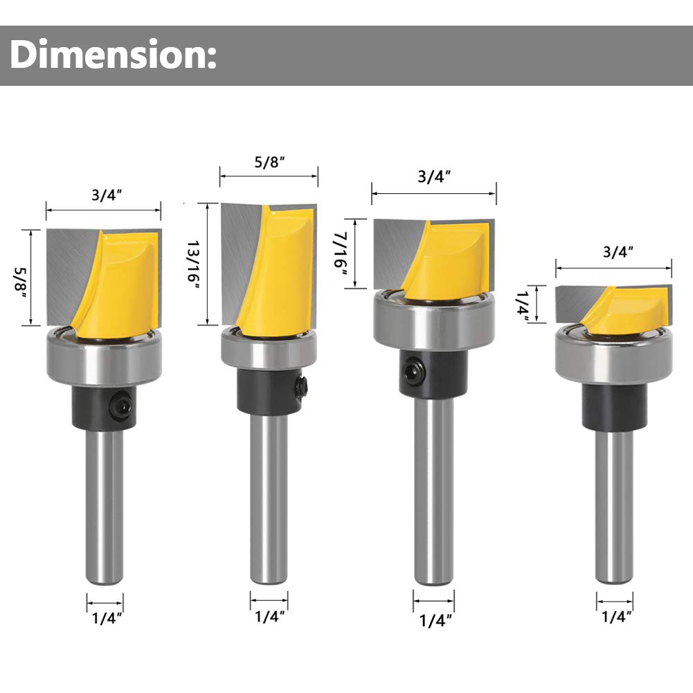 Yakamoz 4Pcs 1/4 Inch Shank Hinge Mortising Flush Trim Template Router Bit Set with Ball Bearing Carbide Tipped Router Bits Wood Milling Cutter Tool