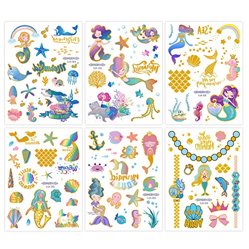 Mermaid Party Supplies Temporary Tattoos - Glitter Mermaid Birthday Party Favors, Mermaid Tail Decorations + Halloween Easter Makeup (6 Sheet)