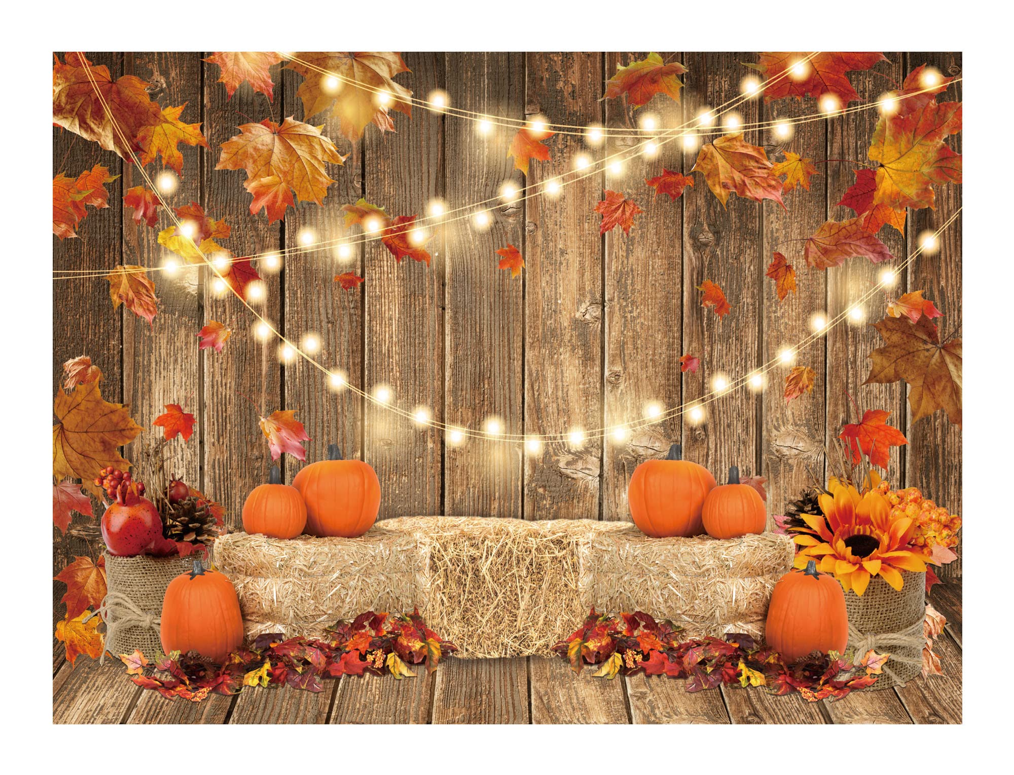 Funnytree 8x6FT Fall Pumpkin Photography Backdrop Autumn Tanksgiving Harvest Hay Leaves Wooden Background Sunflower Maple Baby Shower Banner Decoration Party Supplies Photo Booth Prop