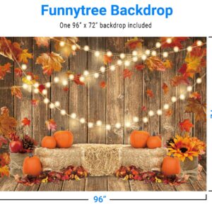 Funnytree 8x6FT Fall Pumpkin Photography Backdrop Autumn Tanksgiving Harvest Hay Leaves Wooden Background Sunflower Maple Baby Shower Banner Decoration Party Supplies Photo Booth Prop