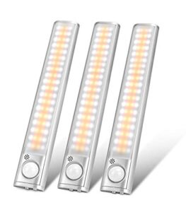 goodland under cabinet lighting 80 led closet light, motion sensor lights indoor usb rechargeable dimmable wireless stick-on night light bar for kitchen, wardrobe, garage, stairs, bedroom (3 packs)